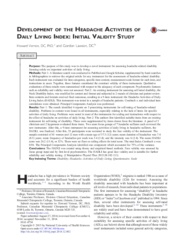 (PDF) Development of the Headache Activities of Daily Living Index ...