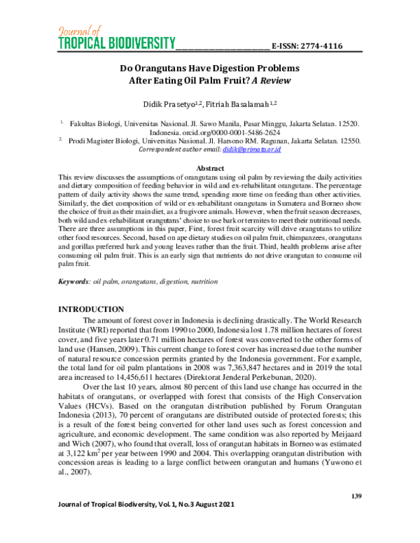 (PDF) Do Orangutans Have Digestion Problems After Eating Oil Palm Fruit ...