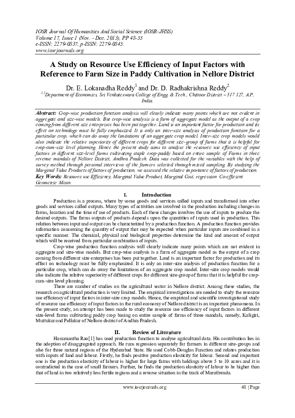 (PDF) A Study on Resource Use Efficiency of Input Factors with Reference to Farm Size in Paddy ...