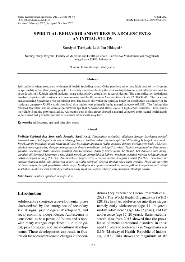 (PDF) Spiritual Behavior and Stress in Adolescents: An Initial Study