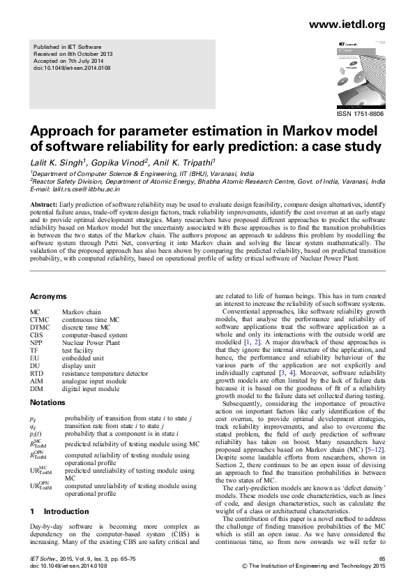 Pdf Approach For Parameter Estimation In Markov Model Of Software