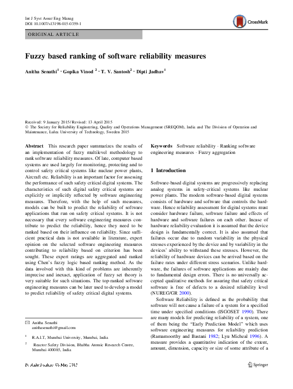 (PDF) Fuzzy based ranking of software reliability measures