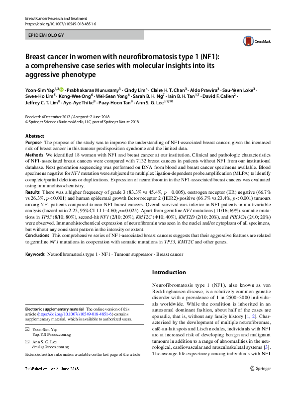 (PDF) Breast cancer in women with neurofibromatosis type 1 (NF1): a ...