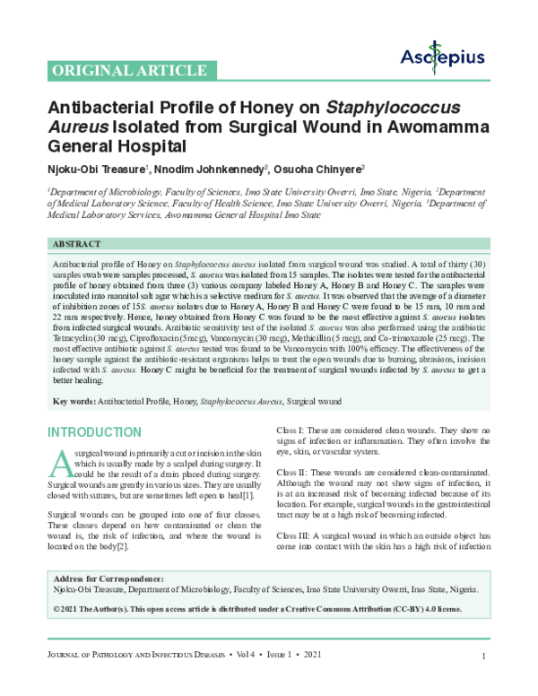 (PDF) Antibacterial Profile of Honey on Staphylococcus Aureus Isolated from Surgical Wound in ...
