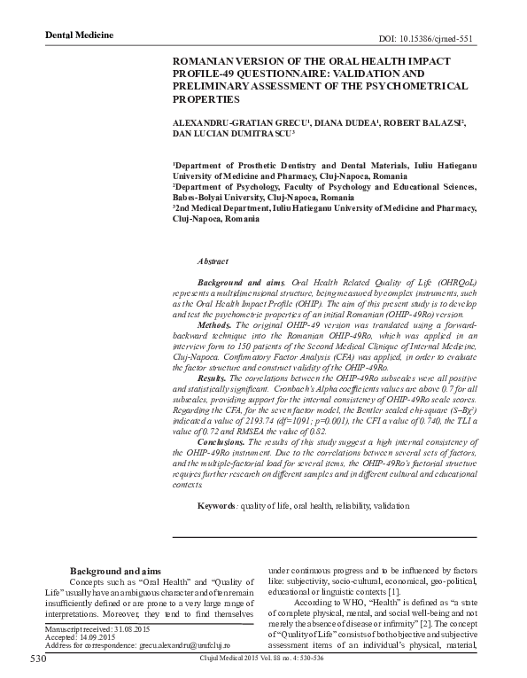 (PDF) Romanian Version of the Oral Health Impact PROFILE-49 ...