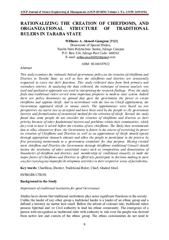 (PDF) RATIONALIZING THE CREATION OF CHIEFDOMS, AND ORGANIZATIONAL ...