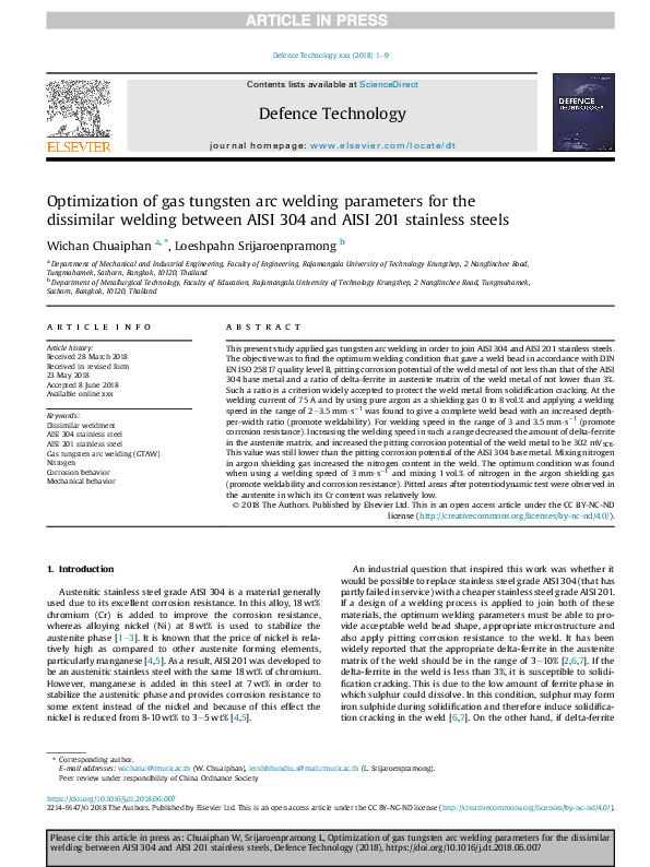 Pdf Optimization Of Gas Tungsten Arc Welding Parameters For The