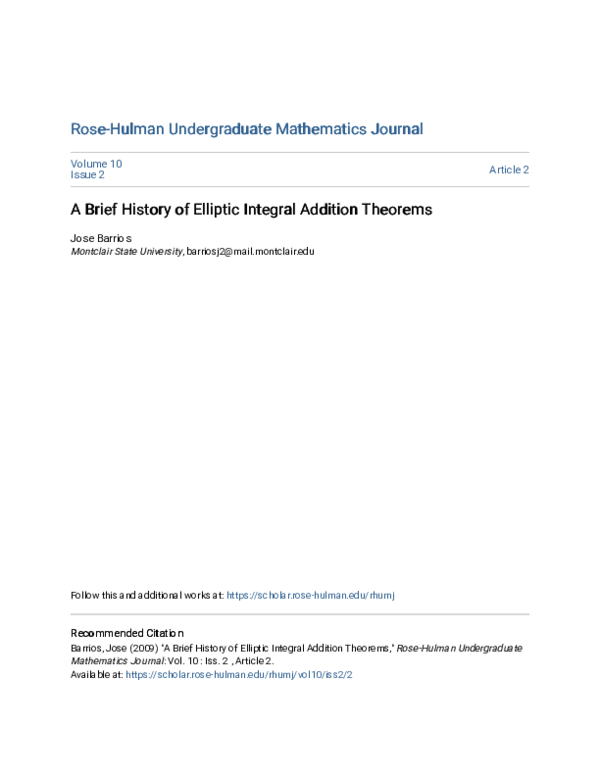 (PDF) A Brief History of Elliptic Integral Addition Theorems