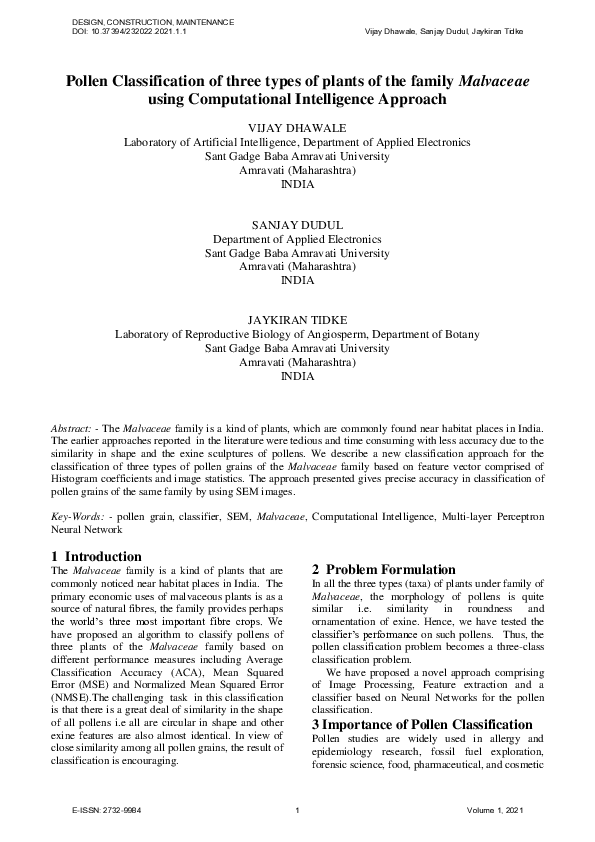 (PDF) Pollen Classification of Three Types of Plants of the Family Malvaceae Using Computational ...