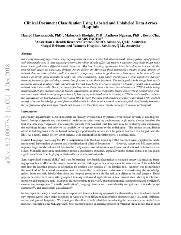 (PDF) Clinical Document Classification Using Labeled and Unlabeled Data Across Hospitals