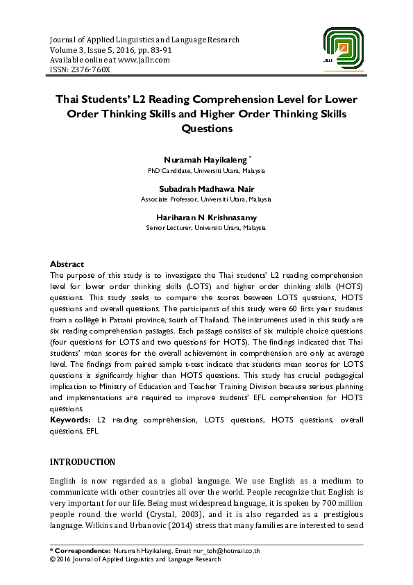 (PDF) Thai Students' L2 Reading Comprehension Level for Lower Order Thinking Skills and Higher ...