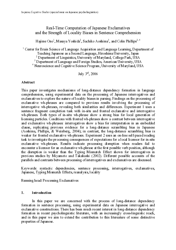 (PDF) Real-Time Computation of Japanese Exclamatives and the Strength of Locality Biases in ...