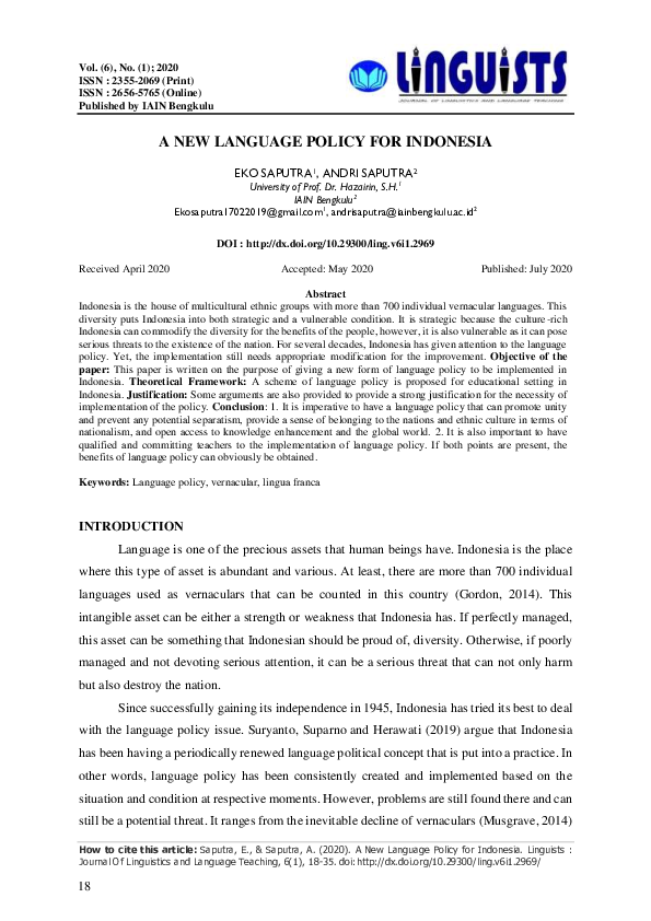 (PDF) A New Language Policy for Indonesia