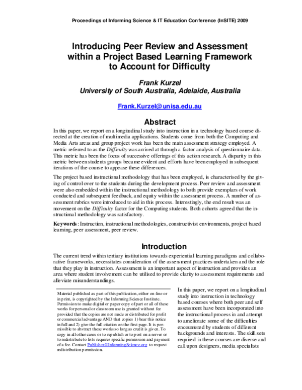 (PDF) Introducing Peer Review and Assessment within a Project Based Learning Framework to ...