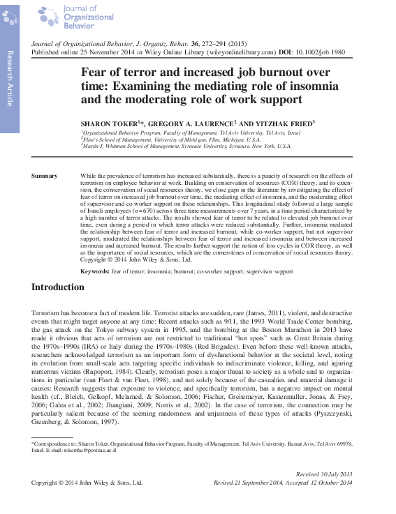 (PDF) Fear of terror and increased job burnout over time: Examining the ...