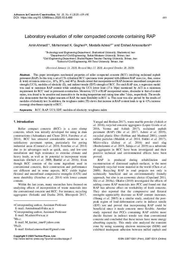 (PDF) Laboratory evaluation of roller compacted concrete containing RAP (PDF) Laboratory evaluation of roller compacted concrete containing RAP