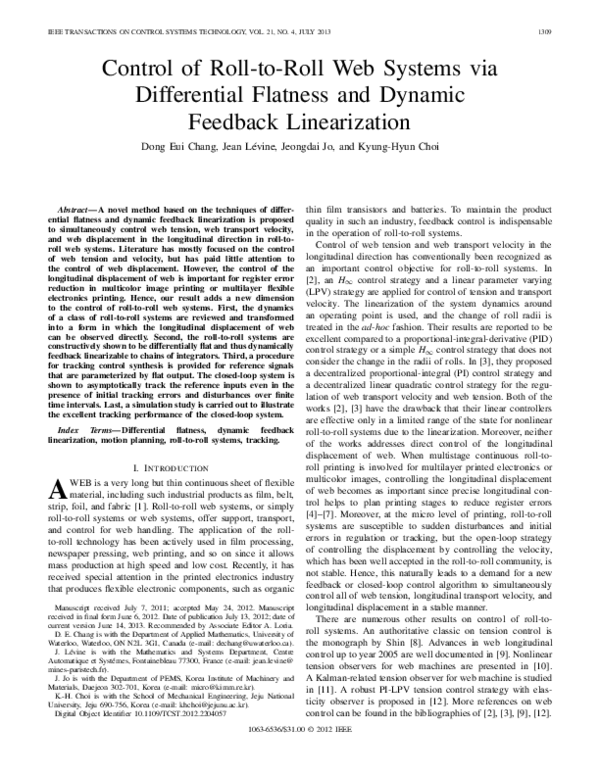 Pdf Control Of Roll To Roll Web Systems Via Differential Flatness And Dynamic Feedback 1872