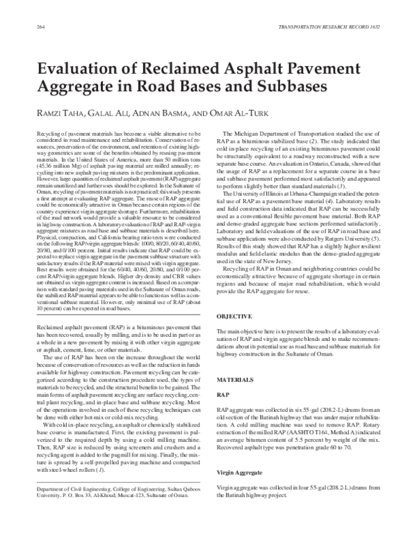 (PDF) Evaluation of Reclaimed Asphalt Pavement Aggregate in Road Bases ...