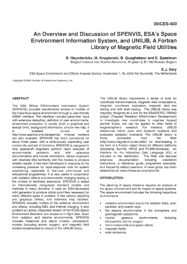 (PDF) An Overview and Discussion of SPENVIS, ESA's Space Environment ...