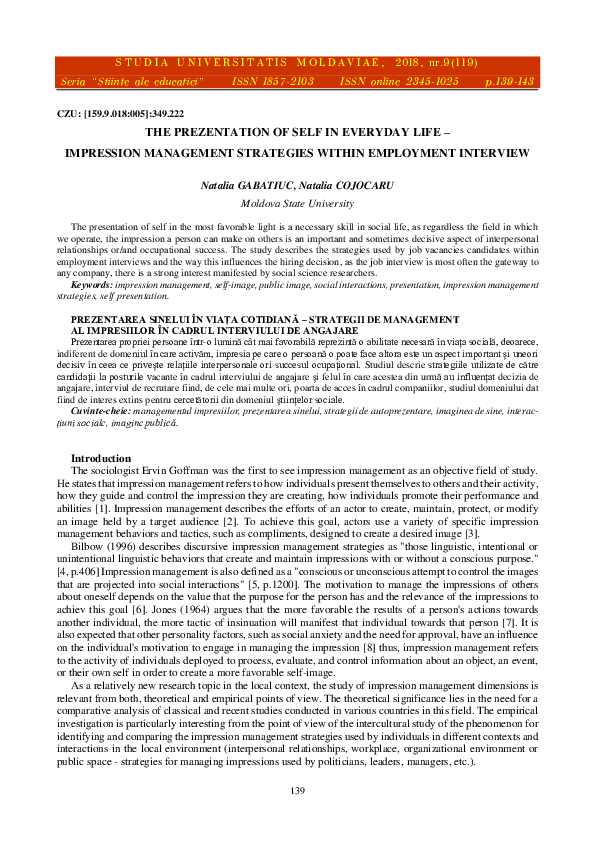 (PDF) The Prezentation of Self in Everyday Life – Impression Management ...