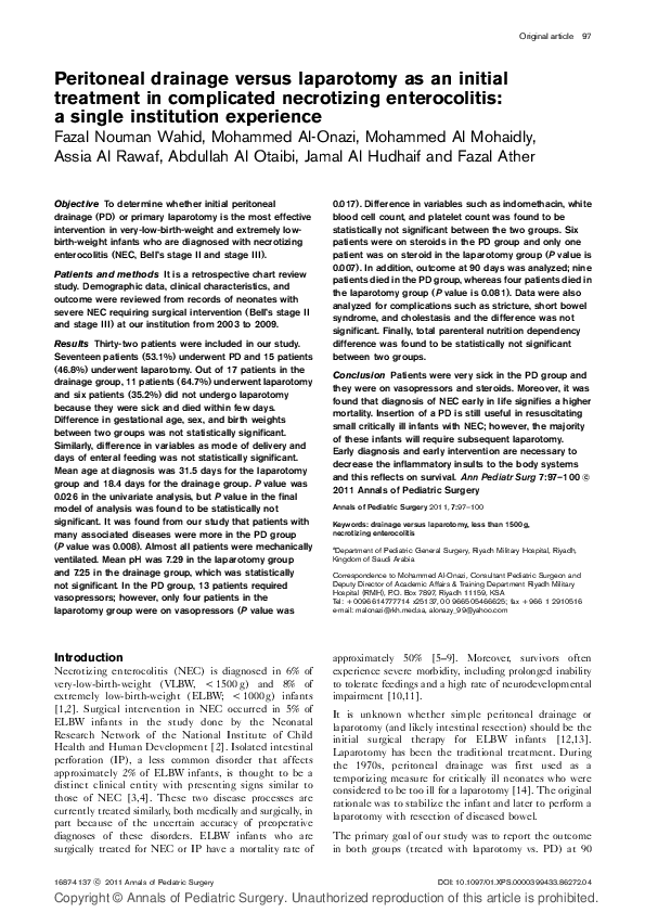 (PDF) Peritoneal drainage versus laparotomy as initial surgical ...