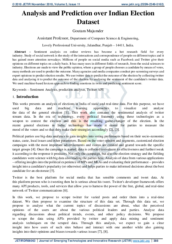 (PDF) Analysis and Prediction over Indian Election Dataset