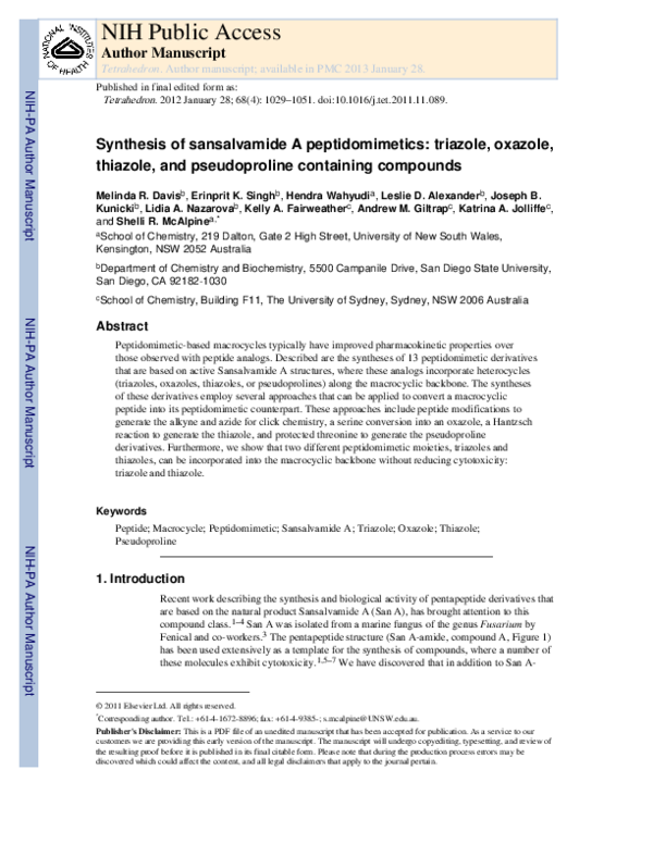 (PDF) Synthesis of sansalvamide A peptidomimetics: triazole, oxazole ...