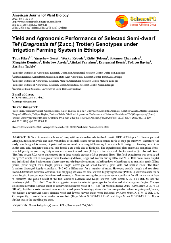 (PDF) Yield and Agronomic Performance of Selected Semi-dwarf Tef (Eragrostis tef (Zucc.) Trotter ...