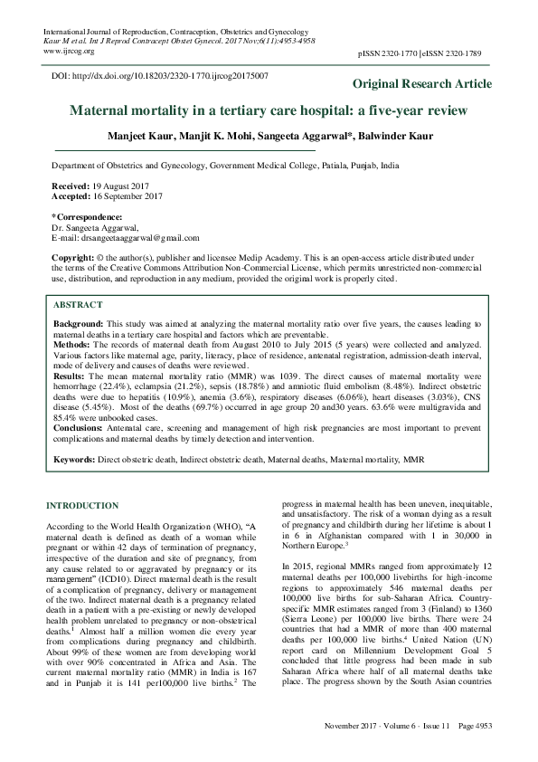 (PDF) Maternal mortality in a tertiary care hospital: a five-year review