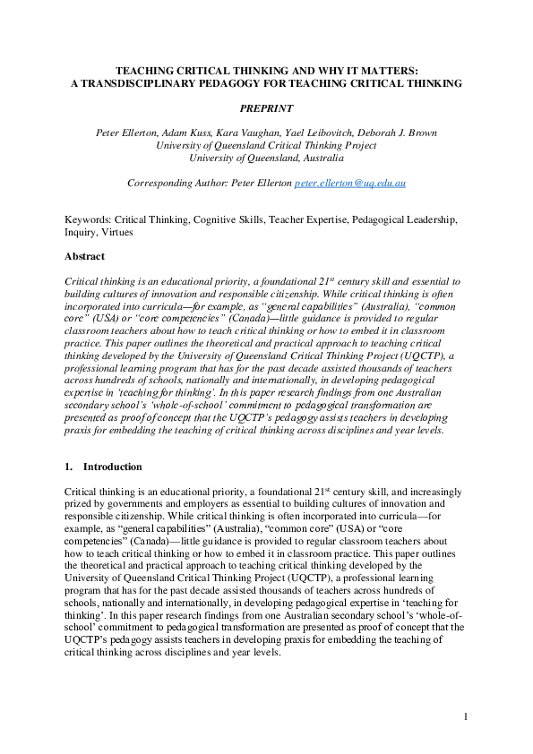 (PDF) Teaching critical thinking and why it matters: A ...