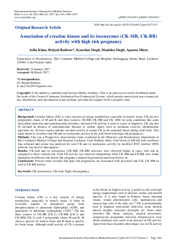 (PDF) Creatine Kinase Isoenzymes in High-Risk Pregnancies