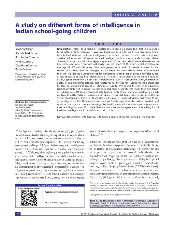 (PDF) A study on different forms of intelligence in Indian school-going ...