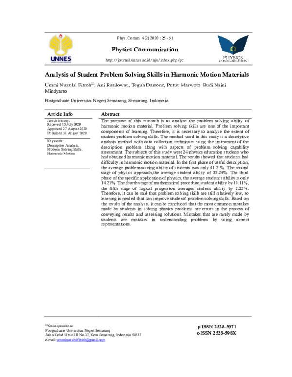 (PDF) Analysis of Student Problem Solving Skills in Harmonic Motion Materials