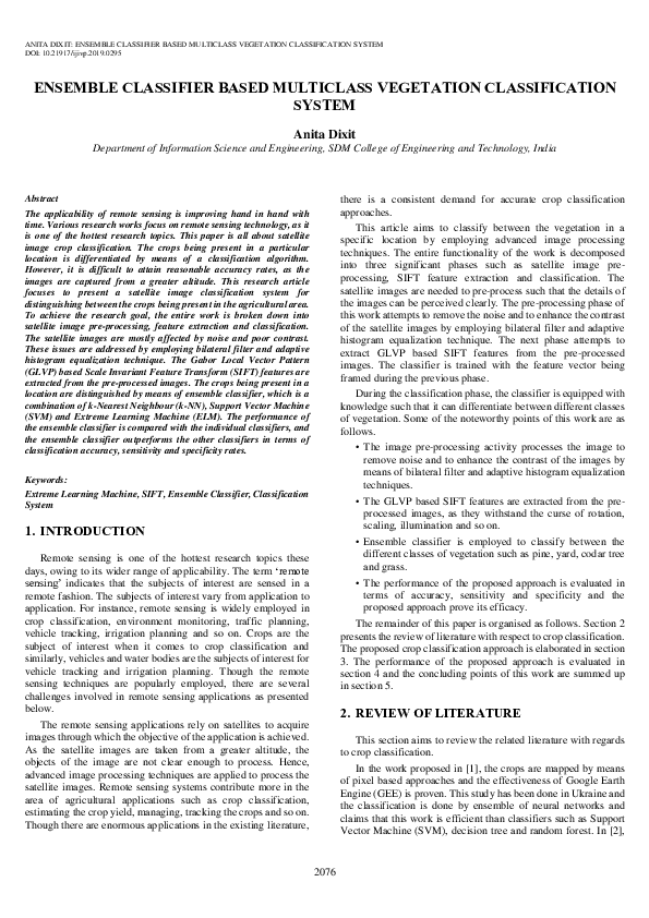Pdf Ensemble Classifier Based Multiclass Vegetation Classification System