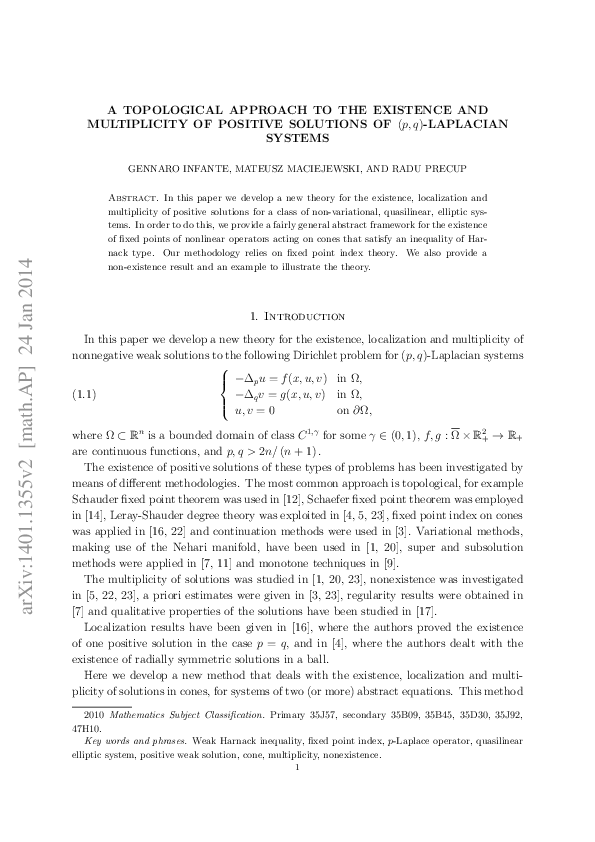 (PDF) A topological approach to the existence and multiplicity of positive solutions of $(p, q ...