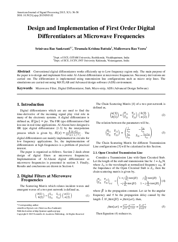 Pdf Design And Implementation Of First Order Digital Differentiators At Microwave Frequencies