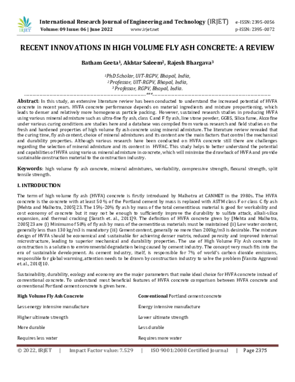(PDF) RECENT INNOVATIONS IN HIGH VOLUME FLY ASH CONCRETE: A REVIEW