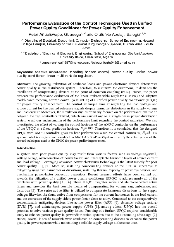 (DOC) Performance Evaluation of the Control Techniques Used in Unified Power Quality Conditioner ...