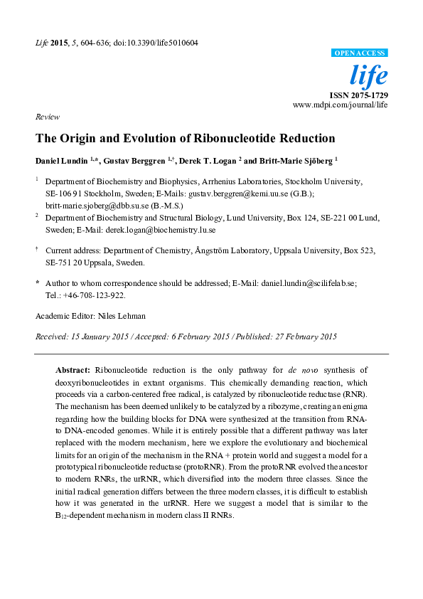 (PDF) The origin and evolution of ribonucleotide reduction
