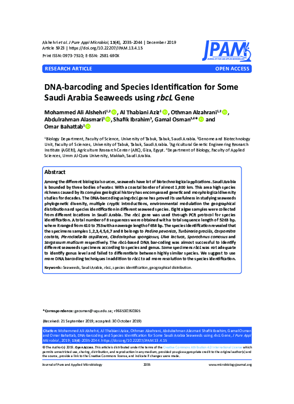 (PDF) DNA-barcoding and Species Identification for some Saudi Arabia Seaweeds using rbcL Gene