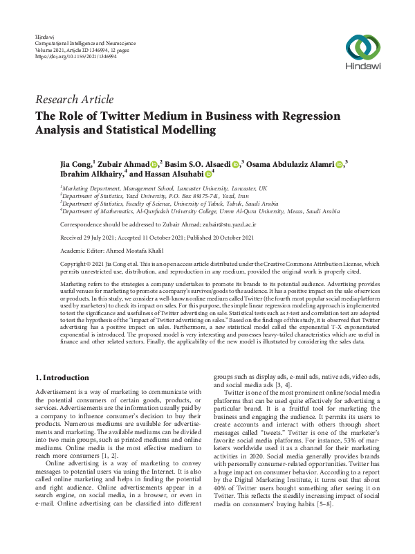 (PDF) The Role of Twitter Medium in Business with Regression Analysis and Statistical Modelling