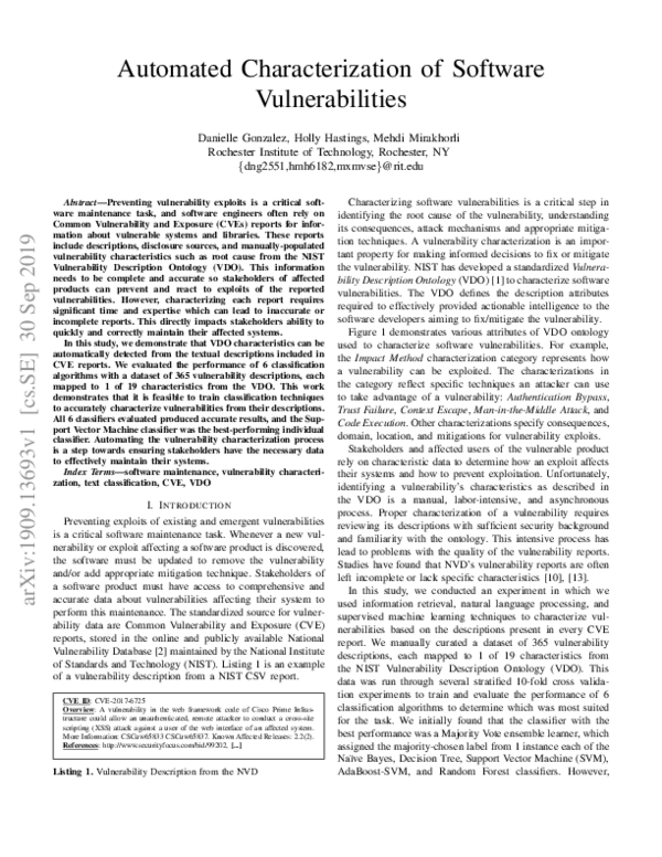 (PDF) Automated Characterization of Software Vulnerabilities