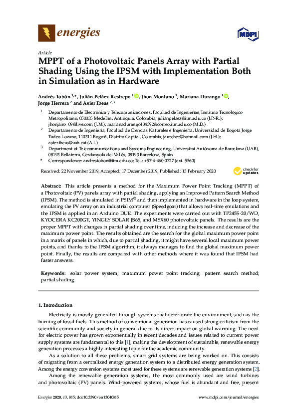 (PDF) MPPT of a Photovoltaic Panels Array with Partial Shading Using the IPSM with ...