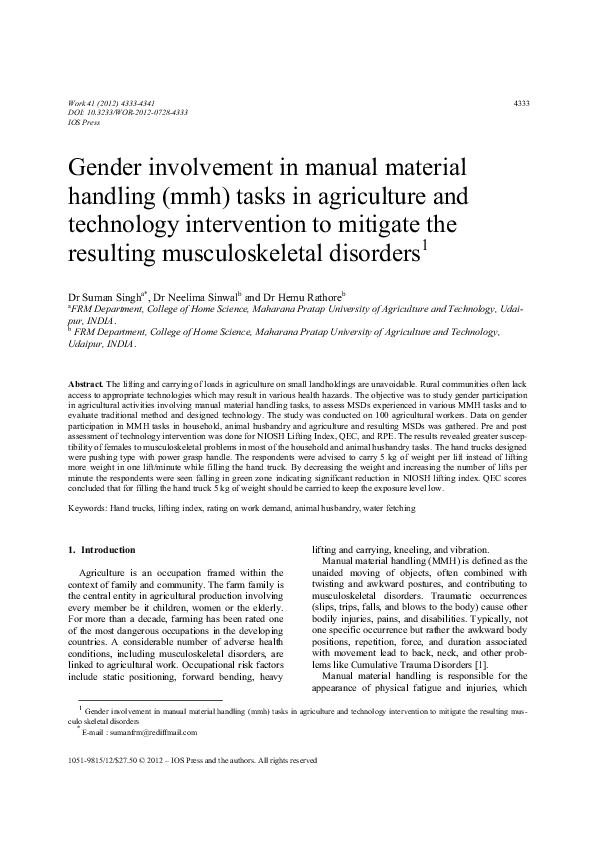(PDF) Gender involvement in manual material handling (mmh) tasks in ...