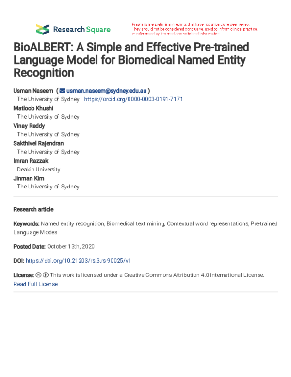 Pdf Bioalbert A Simple And Effective Pre Trained Language Model For Biomedical Named Entity 2321