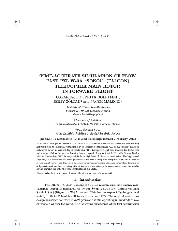 (PDF) Time-accurate simulation of flow past PZL W-3A "Sokół" (Falcon) helicopter main rotor in ...
