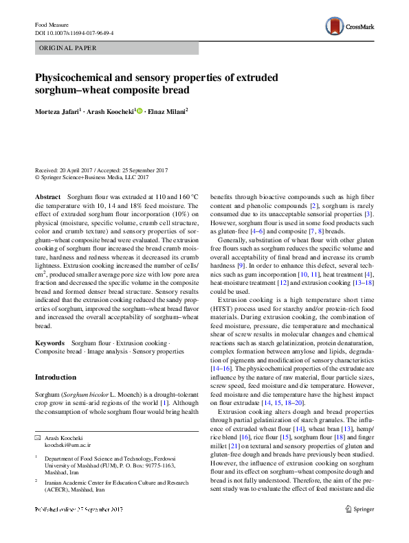(PDF) Physicochemical and sensory properties of extruded sorghum–wheat composite bread