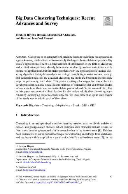 Big Data Clustering Techniques: Recent Advances and Survey