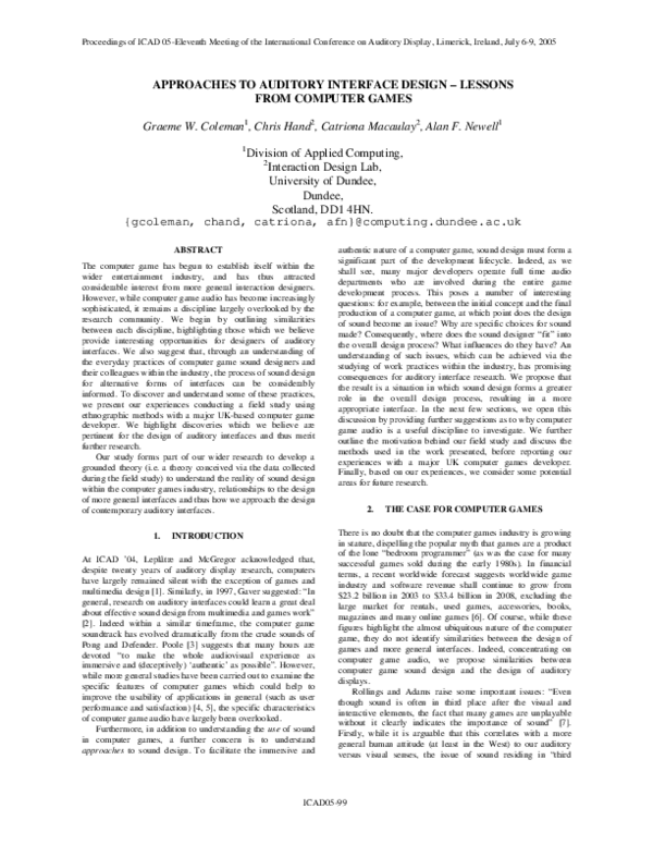 (PDF) Approaches to auditory interface design-lessons from computer games