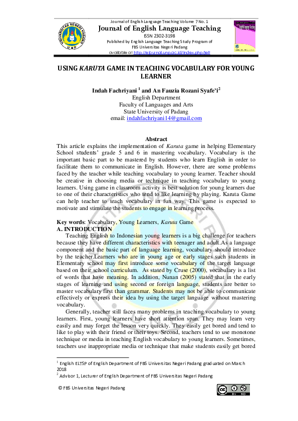 (PDF) Journal of English Language Teaching USING KARUTA GAME IN TEACHING VOCABULARY FOR YOUNG ...